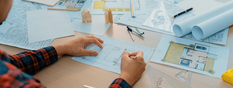 Closeup of Architect Engineer Hand Using Ruler Draw a Blueprint ...