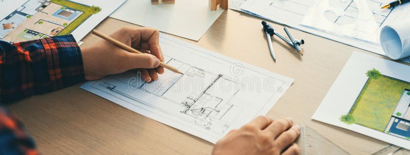 Closeup of Architect Engineer Hand Using Ruler Draw a Blueprint ...