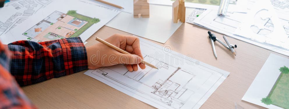 Closeup of Architect Engineer Hand Using Ruler Draw a Blueprint ...