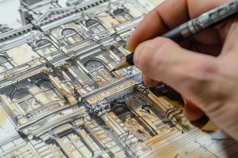 Closeup of an Architects Hand Drawing a Detailed Building Facade on ...