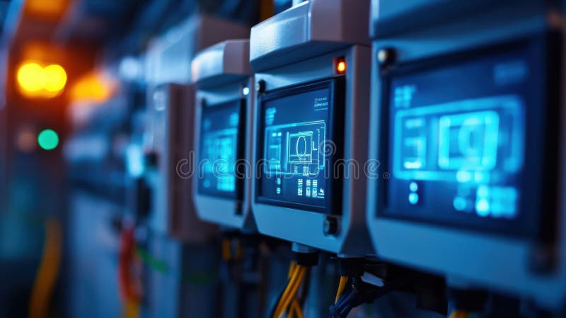 Closeup of an Array of Smart Meters with Bright Screens Each ...