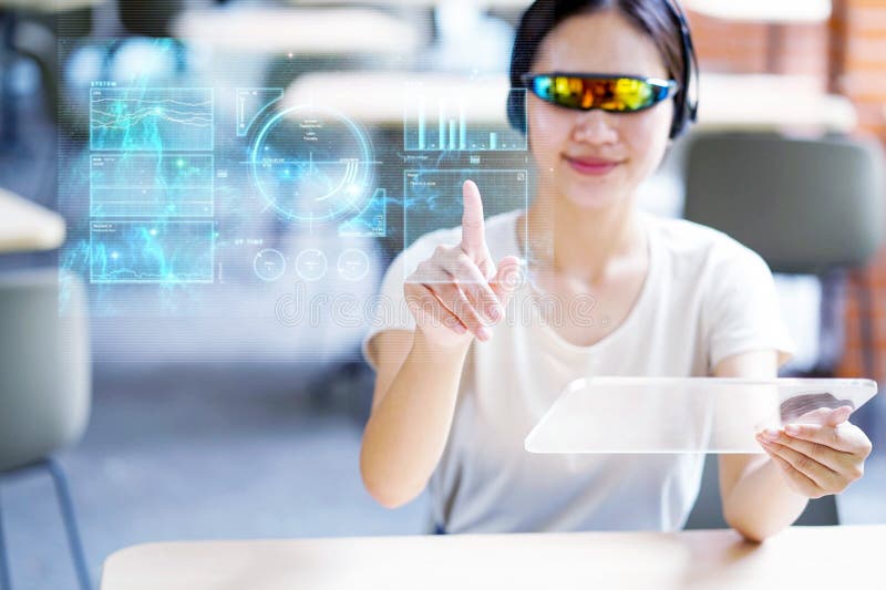 Closeup Asian Female Portrait Holding and Used Transparence Tablet ...