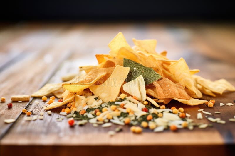 Closeup of Assorted Chips Pile on Wood Table Stock Image - Image of ...