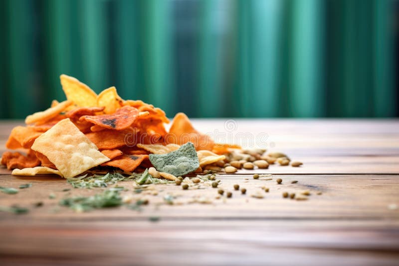 Closeup of Assorted Chips Pile on Wood Table Stock Image - Image of ...