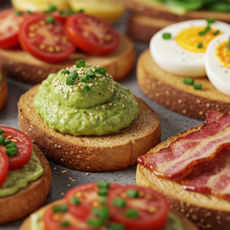 Closeup of Assorted Gourmet Toasts with Avocado, Tomato, Egg, and Bacon ...