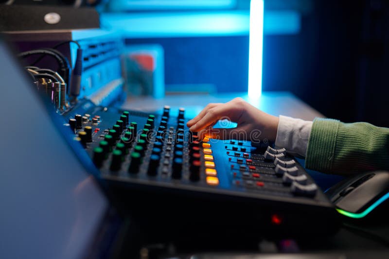 Closeup Audio Engineer Hand on Sound Mixer Control Panel Stock Image ...