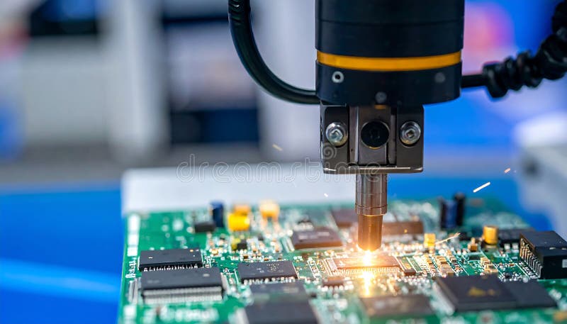 Closeup of an Automated Machine Soldering a Complex Electronic Circuit ...