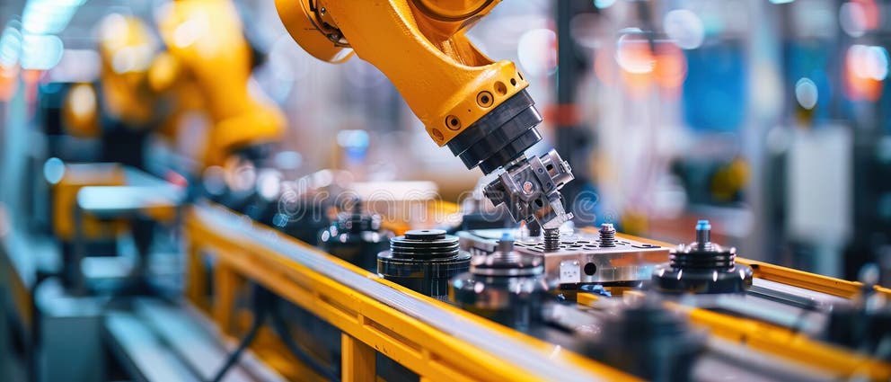 A Closeup of an Automatic Assembly Line Robot Arm Placing Components Highlighting Precision in ...