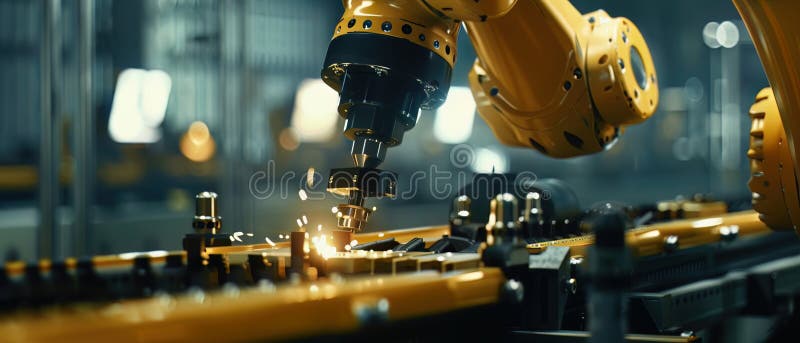 A Closeup of an Automatic Assembly Line Robot Arm Placing Components ...