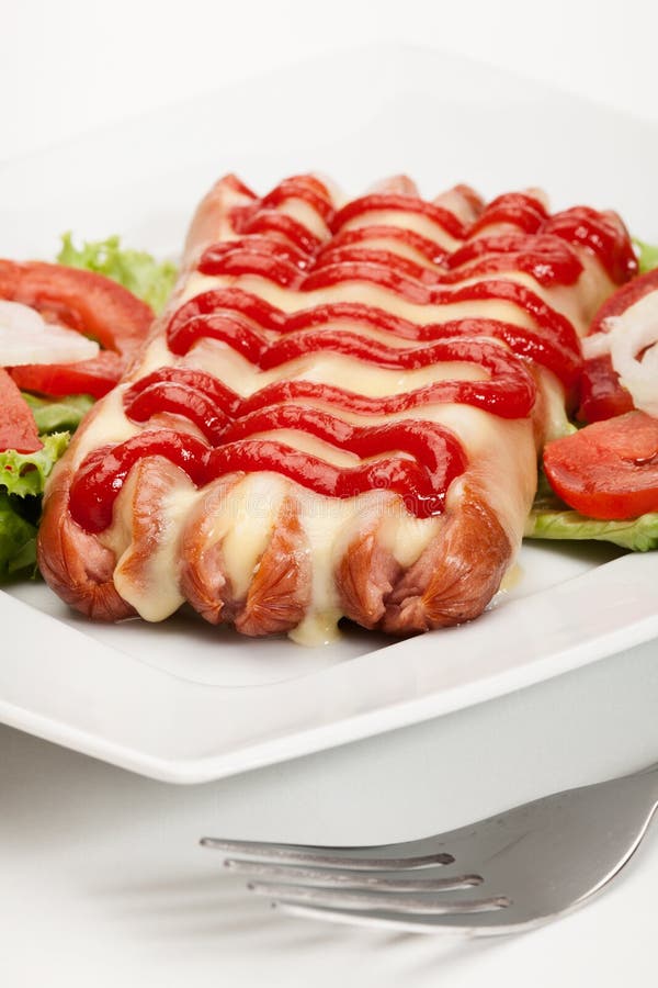 Closeup of Baked Sausage Witch Cheese Stock Photo - Image of sliced ...