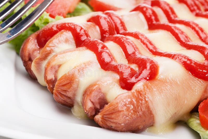 Closeup of Baked Sausage Witch Cheese Stock Image - Image of food ...