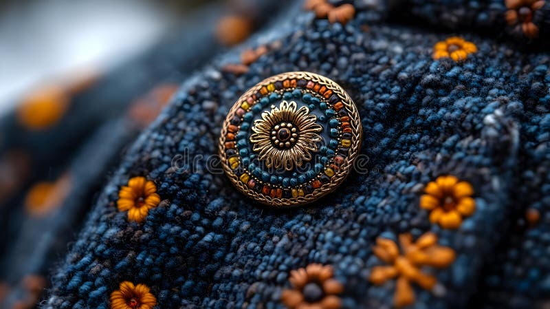 Closeup of a Beaded Flower Button on a Blue Fabric Stock Illustration ...