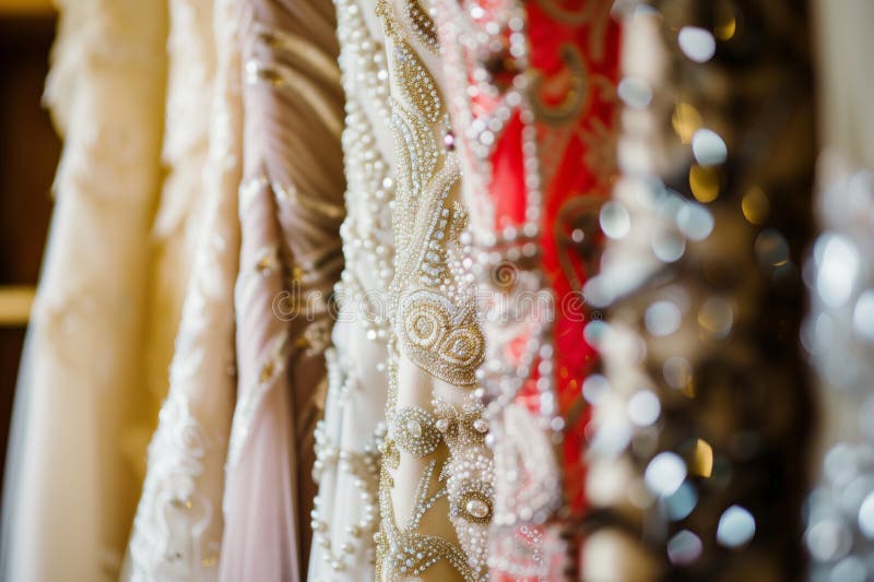 Closeup of Beaded and Lace Details on Evening Dresses Hanging on a Rack ...