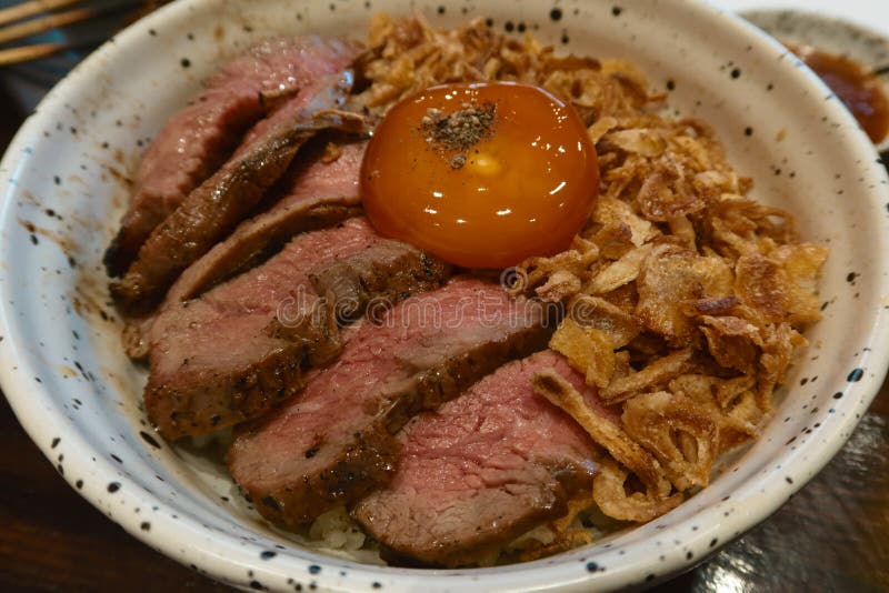 Closeup Beef Slice Bowl Rice with Egg Stock Image - Image of food ...