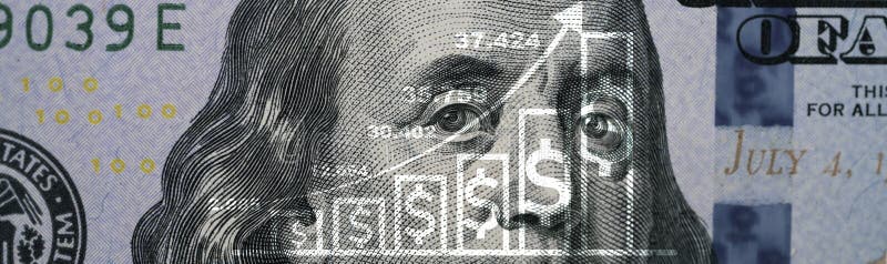 Closeup Benjamin Franklin Face on USD Banknote with Increasing Chart ...