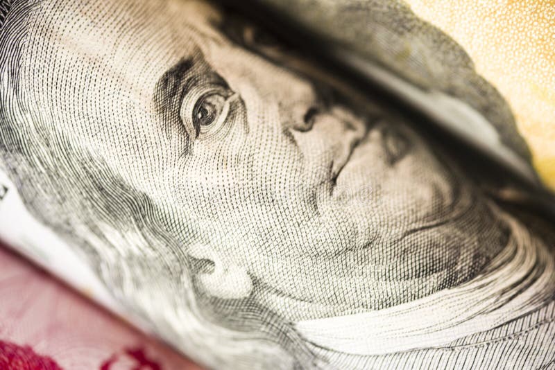 Closeup Benjamin Franklin Face on USD Banknote with Increasing Chart ...