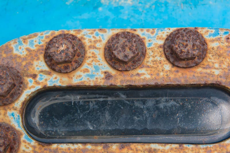 Closeup Big Rusty Metal Blue Screws and Nuts Locked with Rust Stock ...