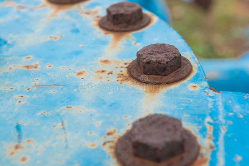 Closeup Big Rusty Metal Blue Screws and Nuts Locked with Rust Stock ...