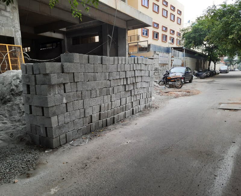 Big Size Cement Bricks Arranged on a Roadside during Construction of ...