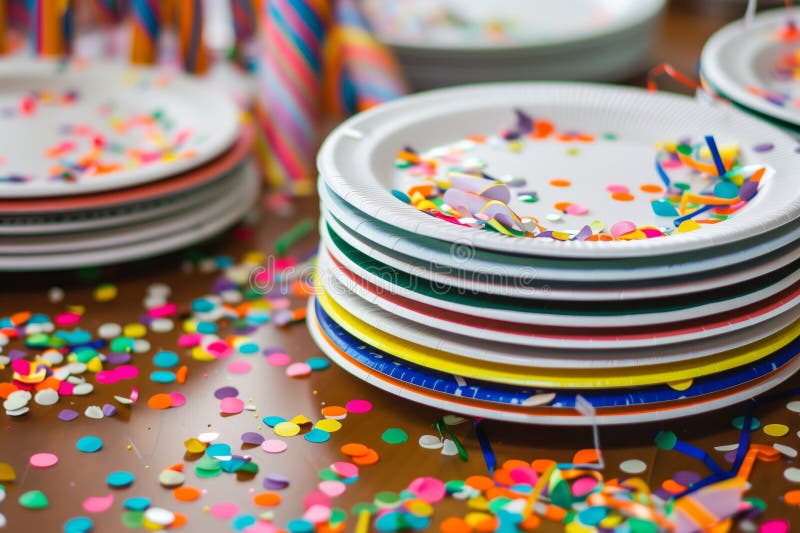 Closeup of Birthday Plates Stacked with Confetti Scattered Around Stock ...