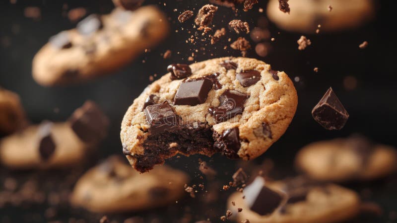 Closeup of a Bitten Chocolate Chip Cookie with Falling Chocolate Chunks ...