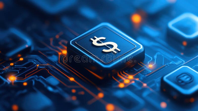 Closeup of a Black and Blue Computer Chip with Dollar Symbol ...