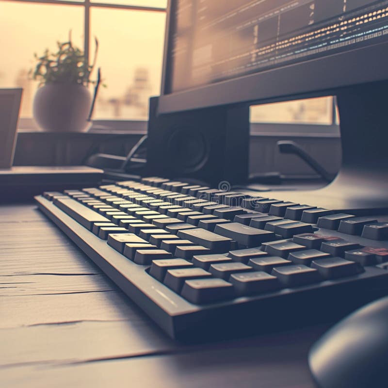 Closeup Black Keyboard on a Working Computer Setup Stock Illustration ...