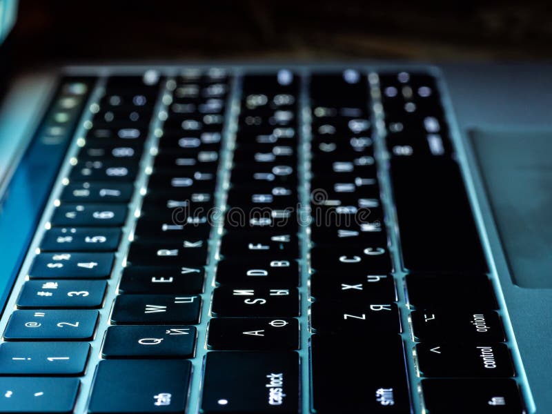 Closeup of Black Laptop Keyboard with Backlit, Side View Stock Photo ...