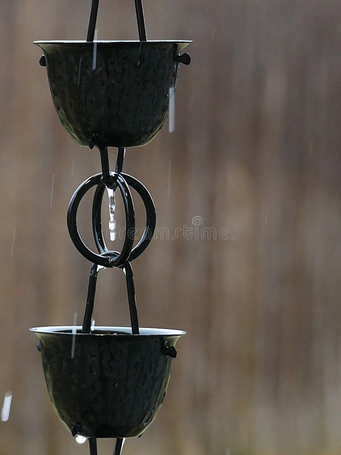 Closeup of a Black Metal Rain Chain while it`s Raining Stock Photo ...