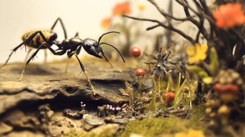Closeup of a Black and Orange Ant on a Miniature Forest Diorama Stock ...