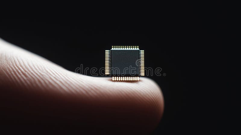 Closeup of a Black Square Computer Microchip with Gold Pins on a Human ...