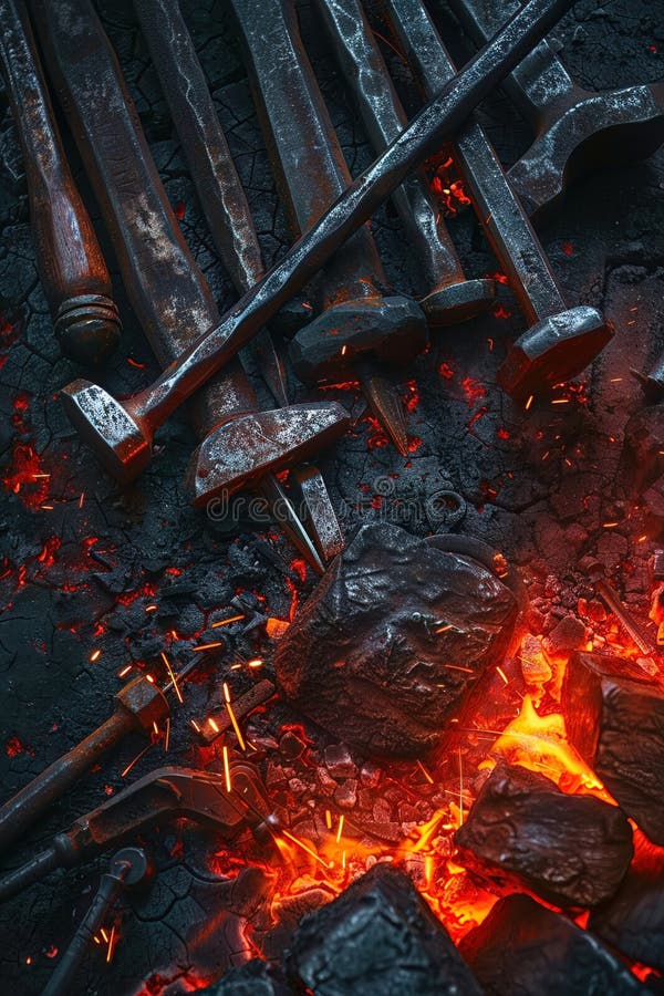 A Closeup of the Blacksmiths Tools Like Hammers Tongs and Chisels ...