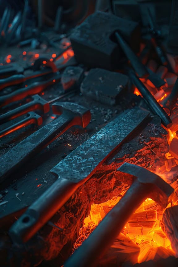A Closeup of the Blacksmiths Tools Like Hammers Tongs and Chisels ...