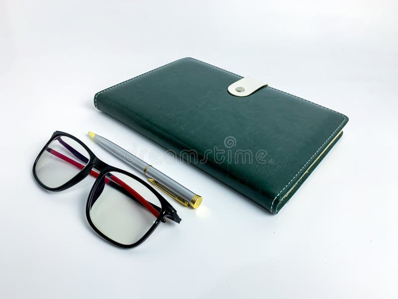 Closeup Blank Green Leather Diary, Pen and Glasses on White Desk Stock ...
