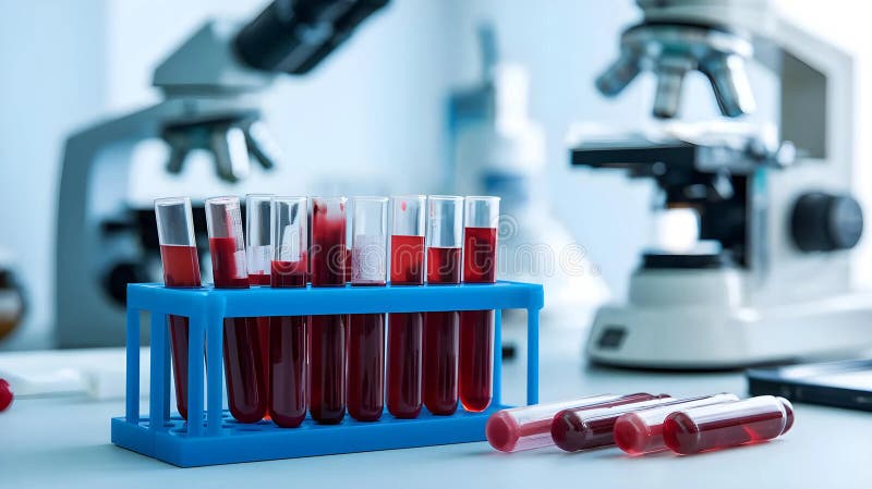 A Closeup of Blood Samples in Glass Test Tubes, Arranged in a Blue Rack ...