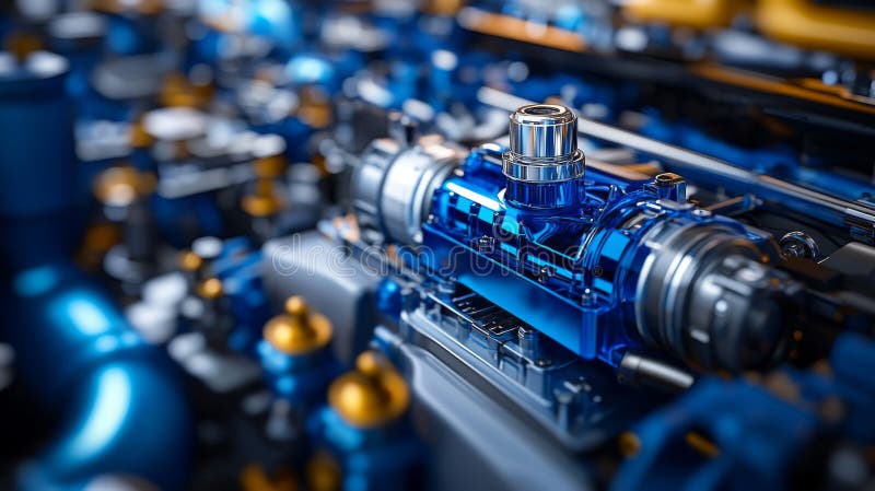 Closeup of Blue Car Engine with Chrome Details Stock Illustration ...