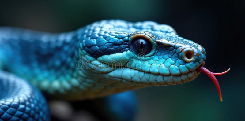 Closeup of Blue Colored Snake Head with Forked Tongue and Sharp Teeth ...