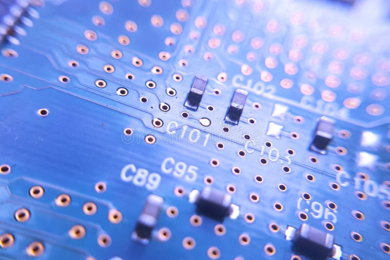 Closeup Blue Computer PCB Board. Macro Picture of Green Printed Circuit ...