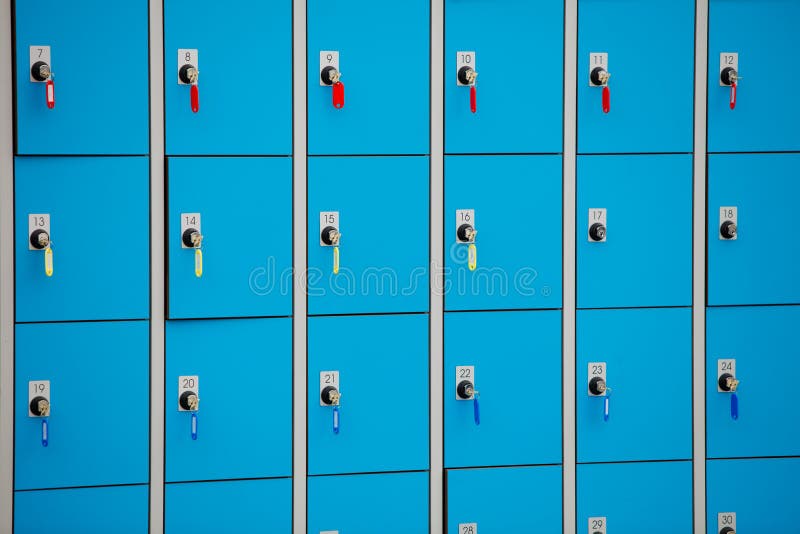 Closeup Blue Deposite Boxes with Keys. Left Luggage Stock Photo - Image ...