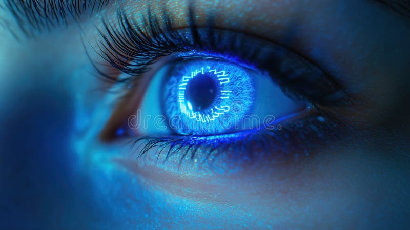 A Closeup of a Blue Digital Cyber Electronic Light Beam on a Human Eye ...