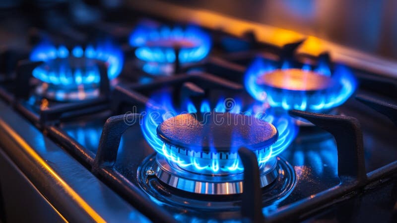 Closeup of Blue Gas Flames on a Modern Stovetop Stock Illustration ...