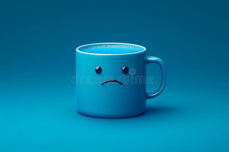 Closeup of a Blue Mug, with a Sad Face Drawn in it, and the Text Blue ...