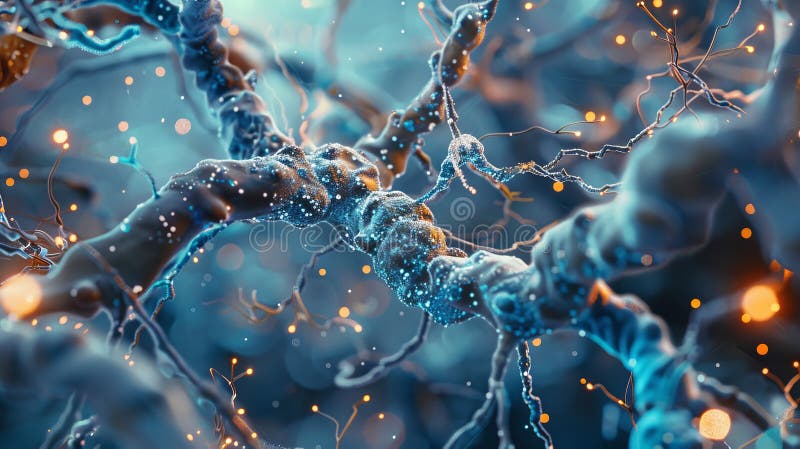 Closeup of a Blue Neuron with Tiny Orange Lights Stock Illustration ...