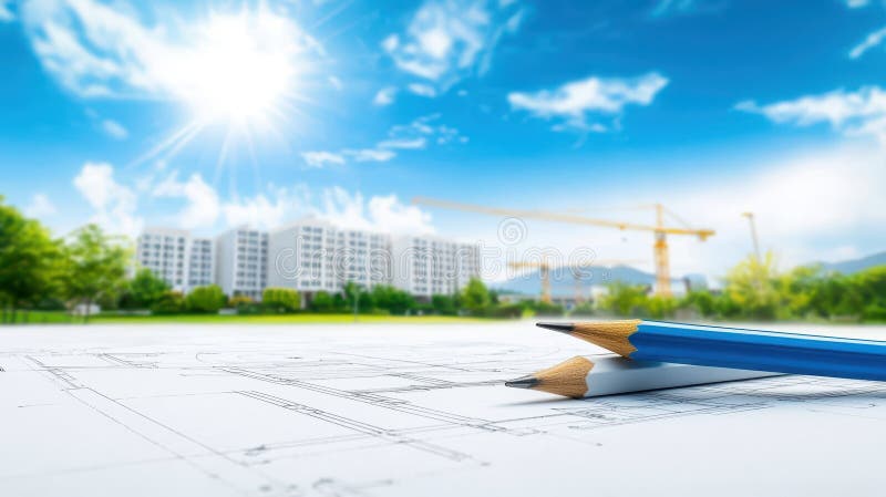 Closeup of Blue Pencil on Blueprint, Detailed Construction or ...