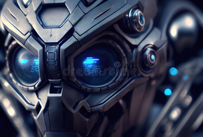 Closeup of Blue Robot Eyes with Metallic Structure Background ...