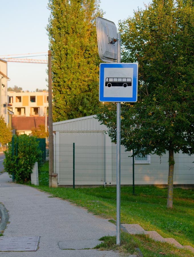 Closeup of a Blue Signpost of a Bus Station Stock Image - Image of ...