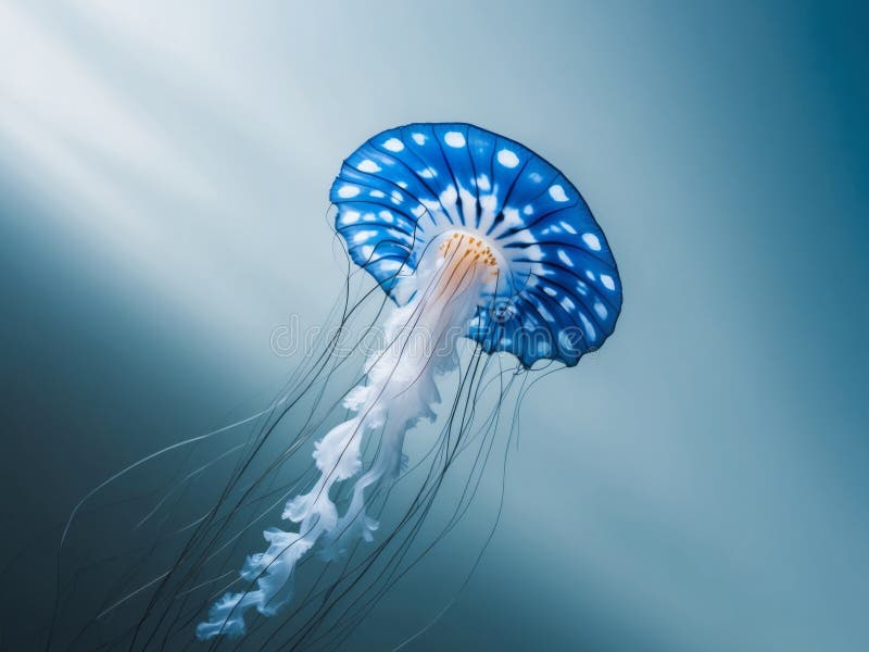 Closeup of a Blue and White Spotted Jellyfish Floating in Deep Blue ...