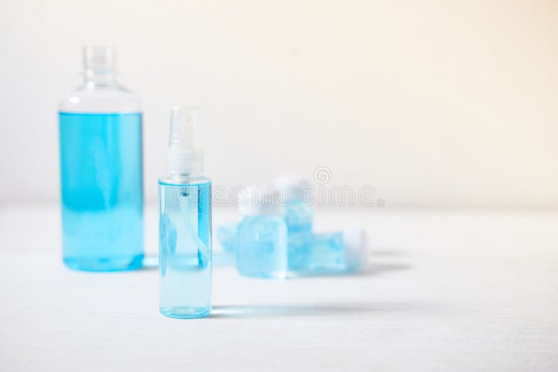 Closeup Bottle of Blue Alcohol Hand Spray Stock Photo - Image of ...