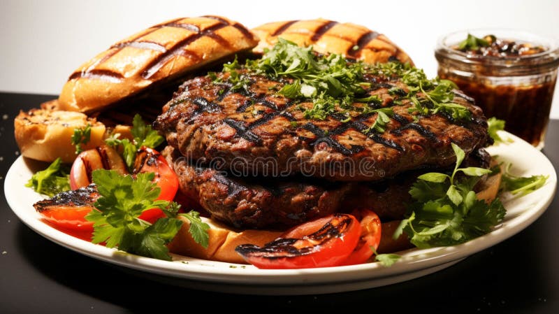 Closeup Brade with Grilled Burger in a Plate Isolated on White Stock ...