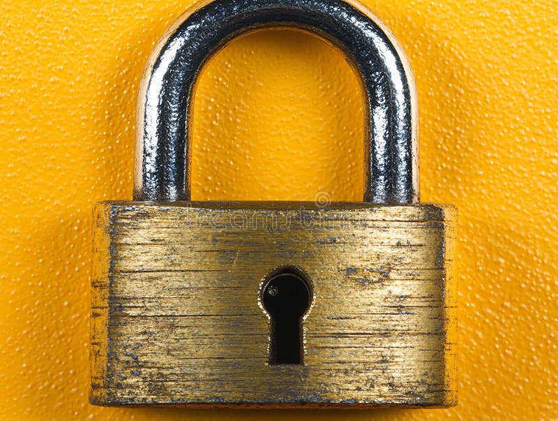 Closeup Brass Padlock Security Yellow Background High Quality Image ...